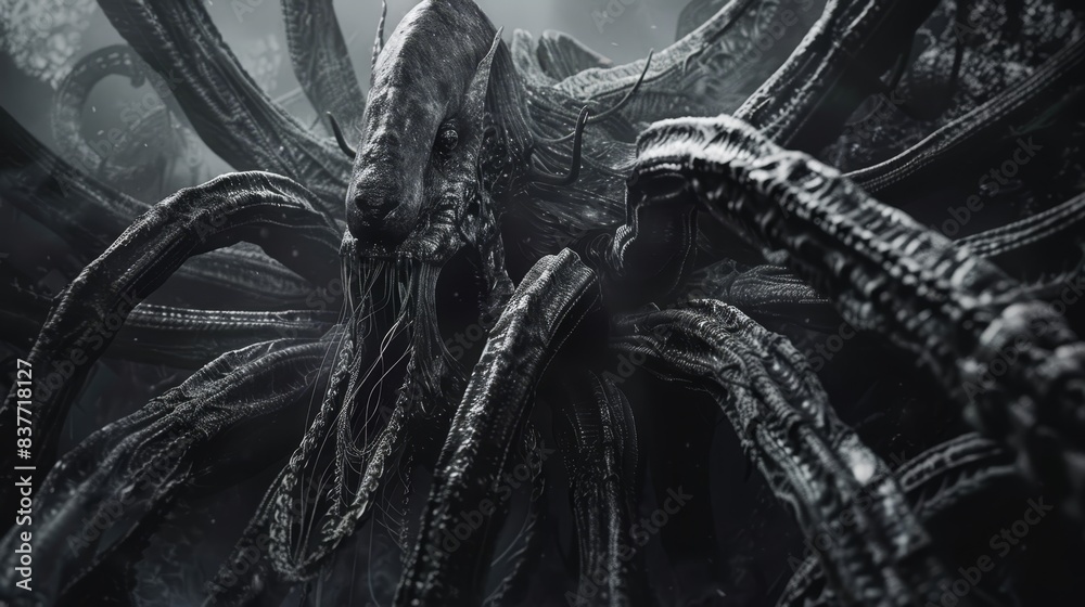 An alien entity stands amidst a forest of colossal, black-and-white ...