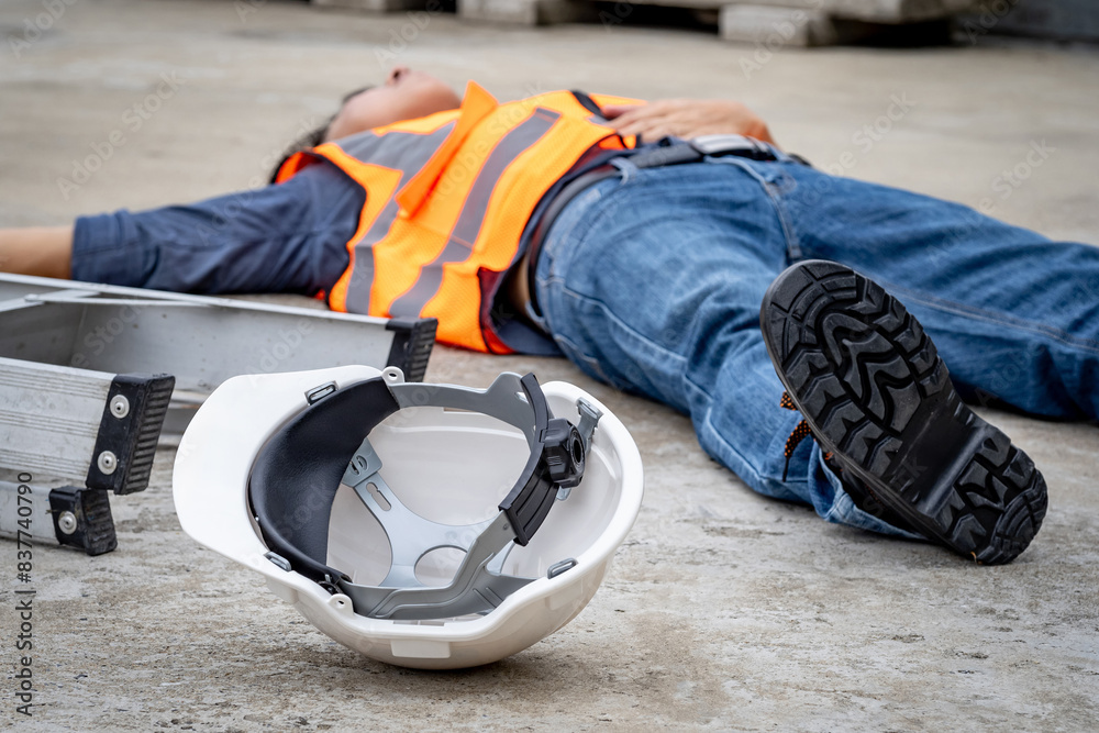 Accident and injury on a construction site. Safety first concept. Male ...