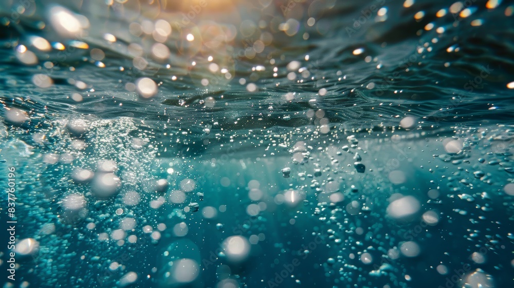 An underwater scene with bubbles rising towards the surface, creating a ...