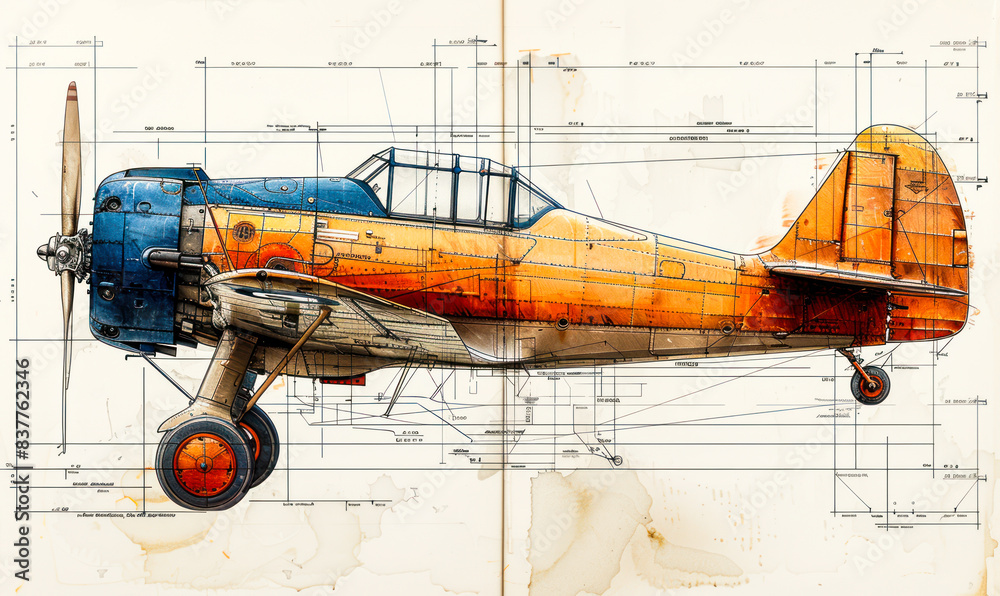 Vintage aircraft on engineering blueprints, merging historical aviation ...