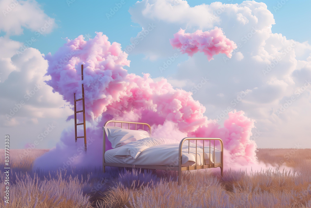 bed with a ladder on top of it, leading to the cloud, in the middle of ...