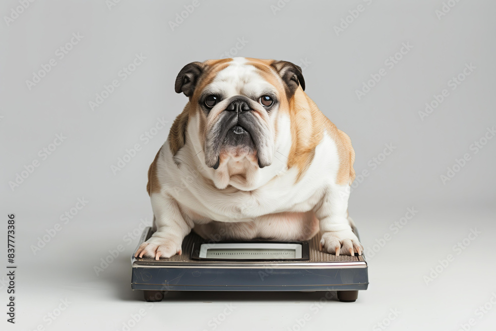 cute very fat bulldog sitting on top of an electric scale, chubby body ...