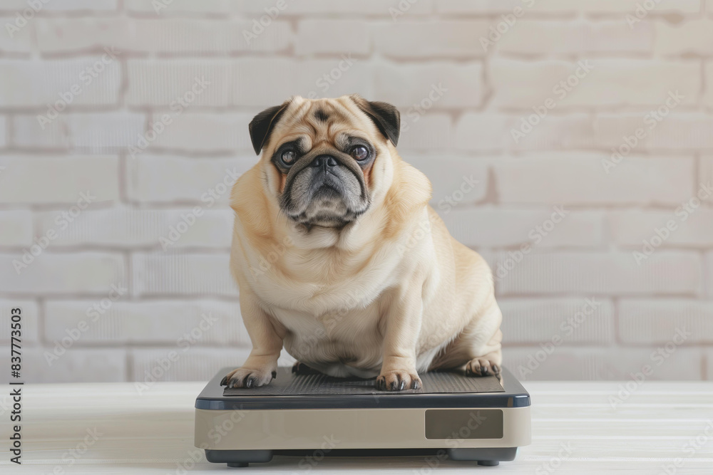 cute very fat pug sitting on top of an electric scale, chubby body ...