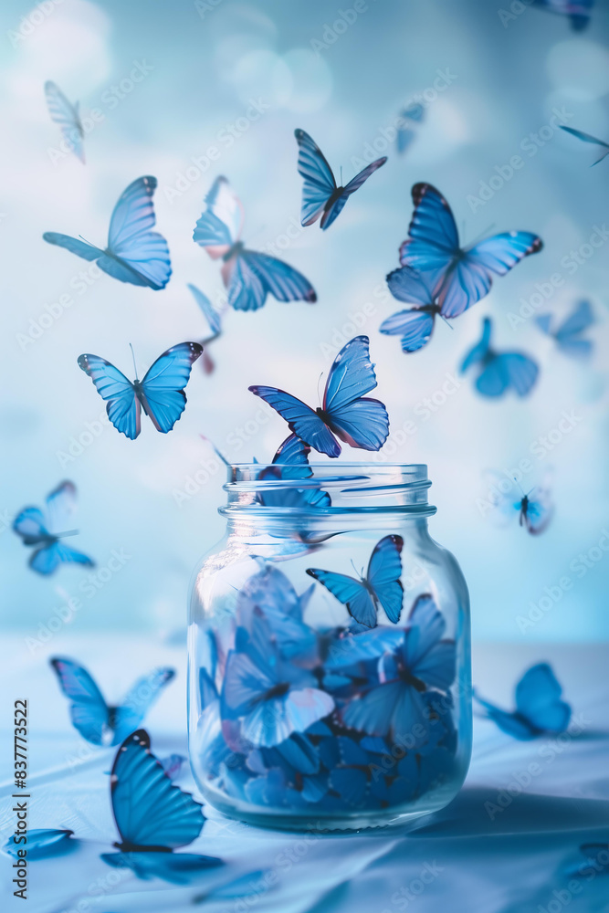 glass jar filled with blue butterflies flying out of it, on a blue ...