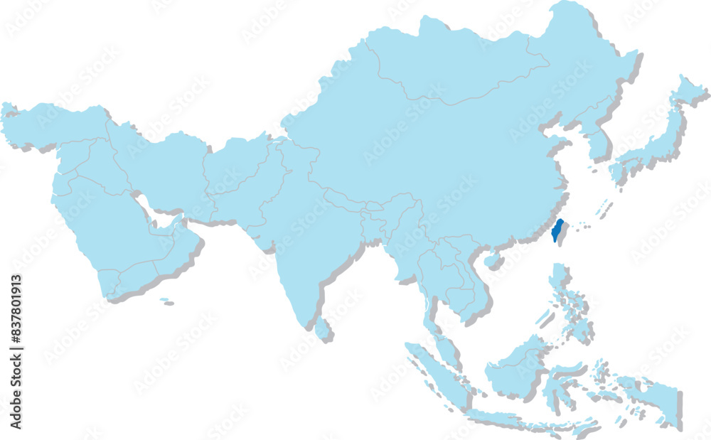 Highlighted blue map of TAIWAN inside light blue 3D blank political map ...