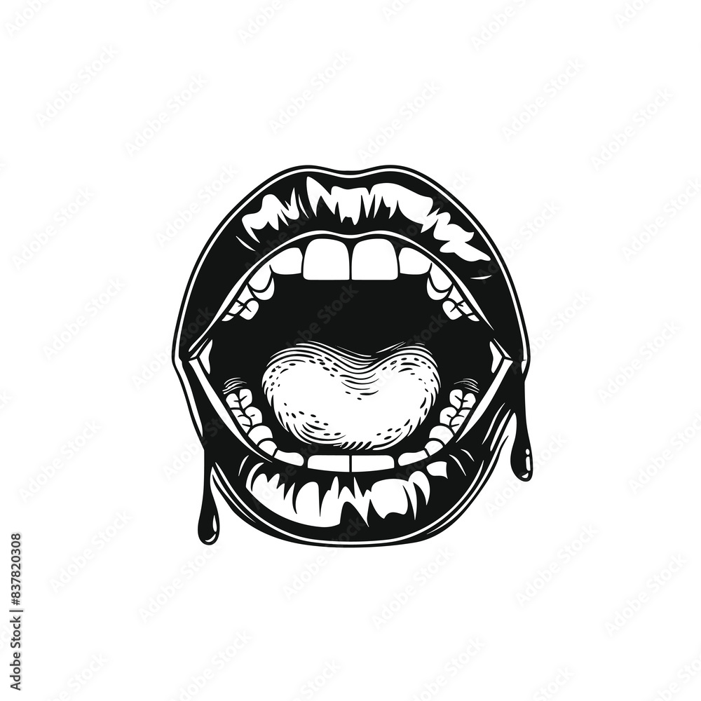 Black white vector illustration mouth teeth tongue, isolated white ...