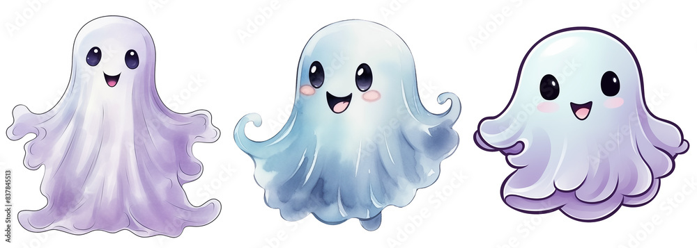 set of three clipart cute kawaii ghosts watercolor illustration on ...