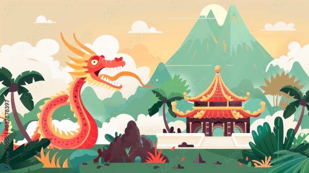 Mythical dragon volcano flat design side view hidden temple animation ...
