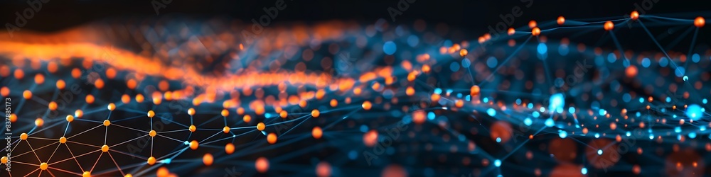 Dynamic technology background featuring orange and blue dots connected ...