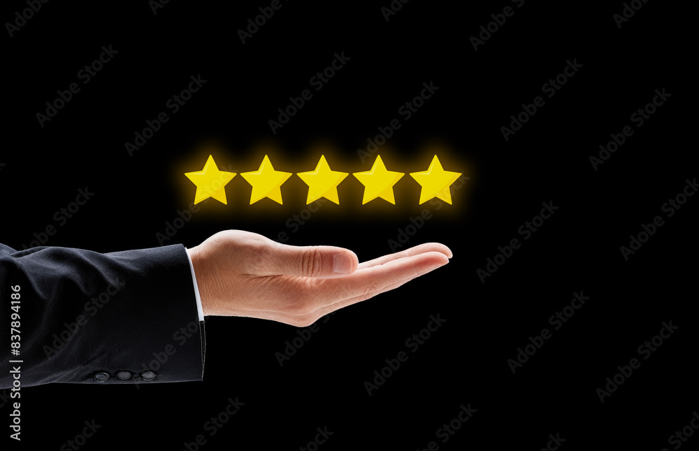 Hand businessman hold five star. 5 star on hand. Customer service ...