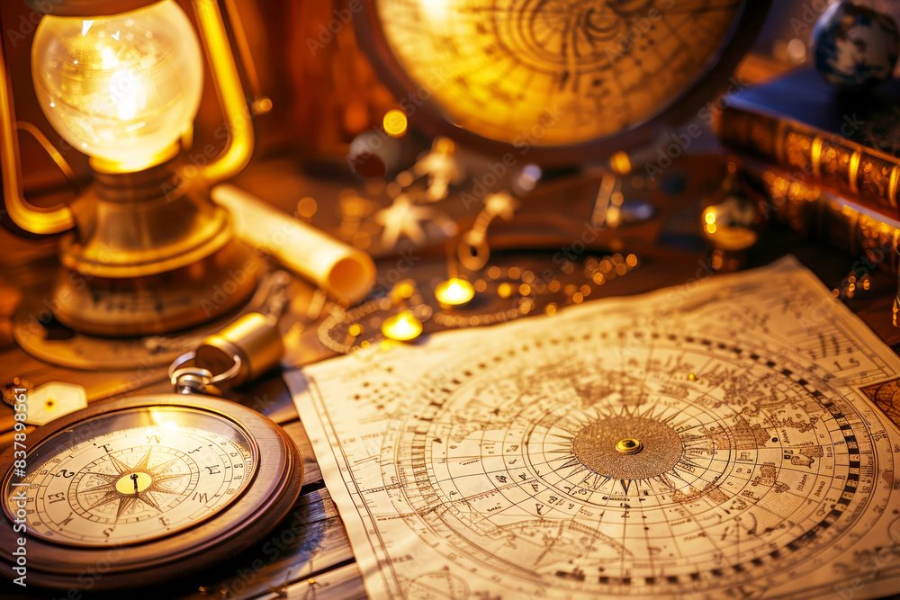 Vintage astrological tools including charts, compasses, and lanterns ...