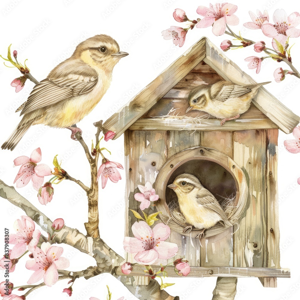 Springtime Family: Cute Chicks with Big Mother Bird on Cherry Blossom ...