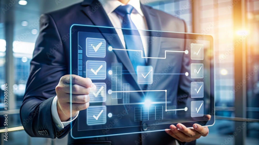 Virtual screen displays business process workflow with approve document ...