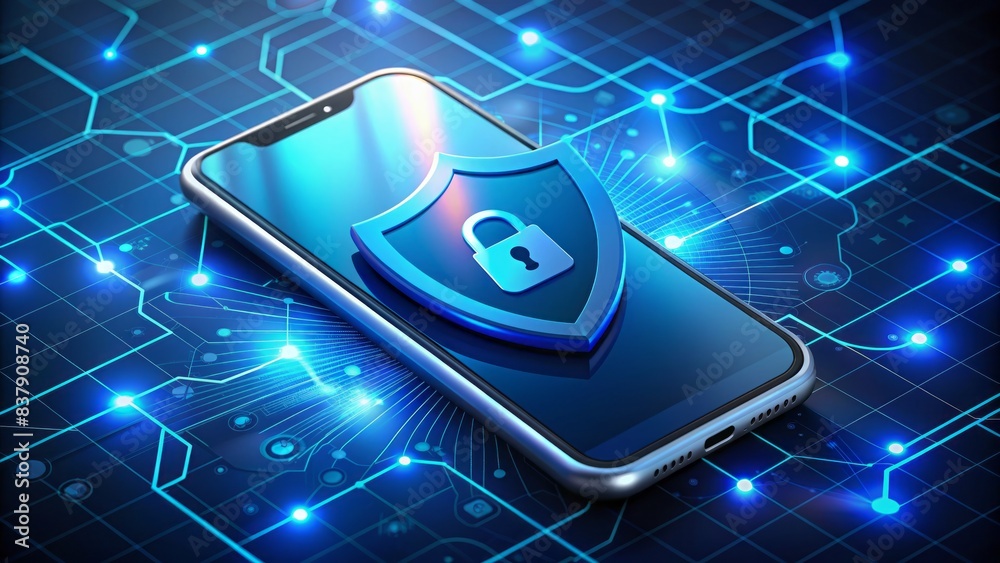 Secure virtual shield surrounds smartphone with lock and key icons, representing robust ...