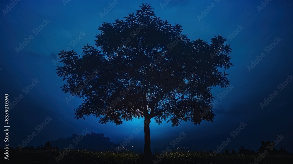 A dark night landscape with a black-looking tree standing alone in a ...