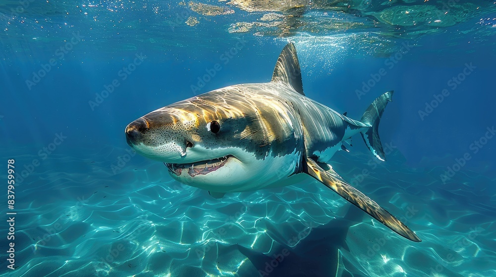 Spectacular view of a great white shark swimming in clear water, with ...