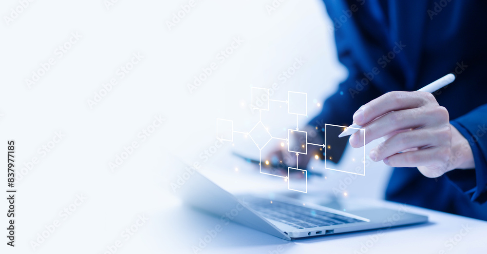design workflow automation with flowcharts in computer laptop. diagram algorithm flow, model ...
