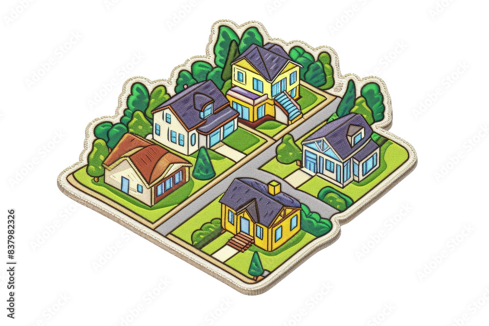 Colorful cartoon neighborhood with houses, trees, and roads displayed ...