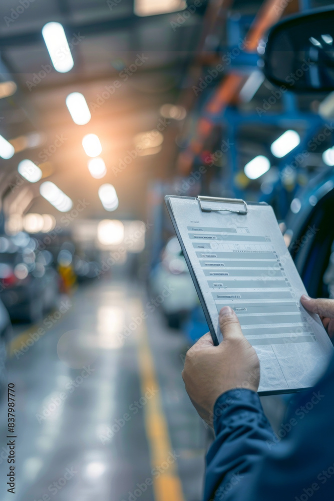 A checklist icon with blurred background of a vehicle in a factory ...