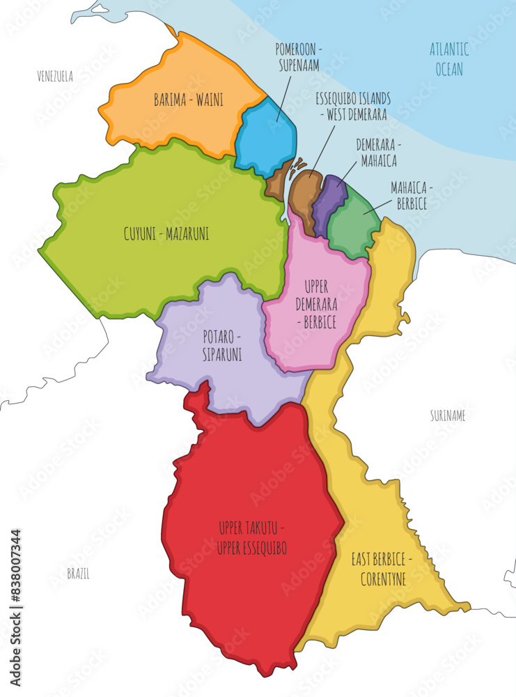 Vector illustrated map of Guyana with regions and administrative ...
