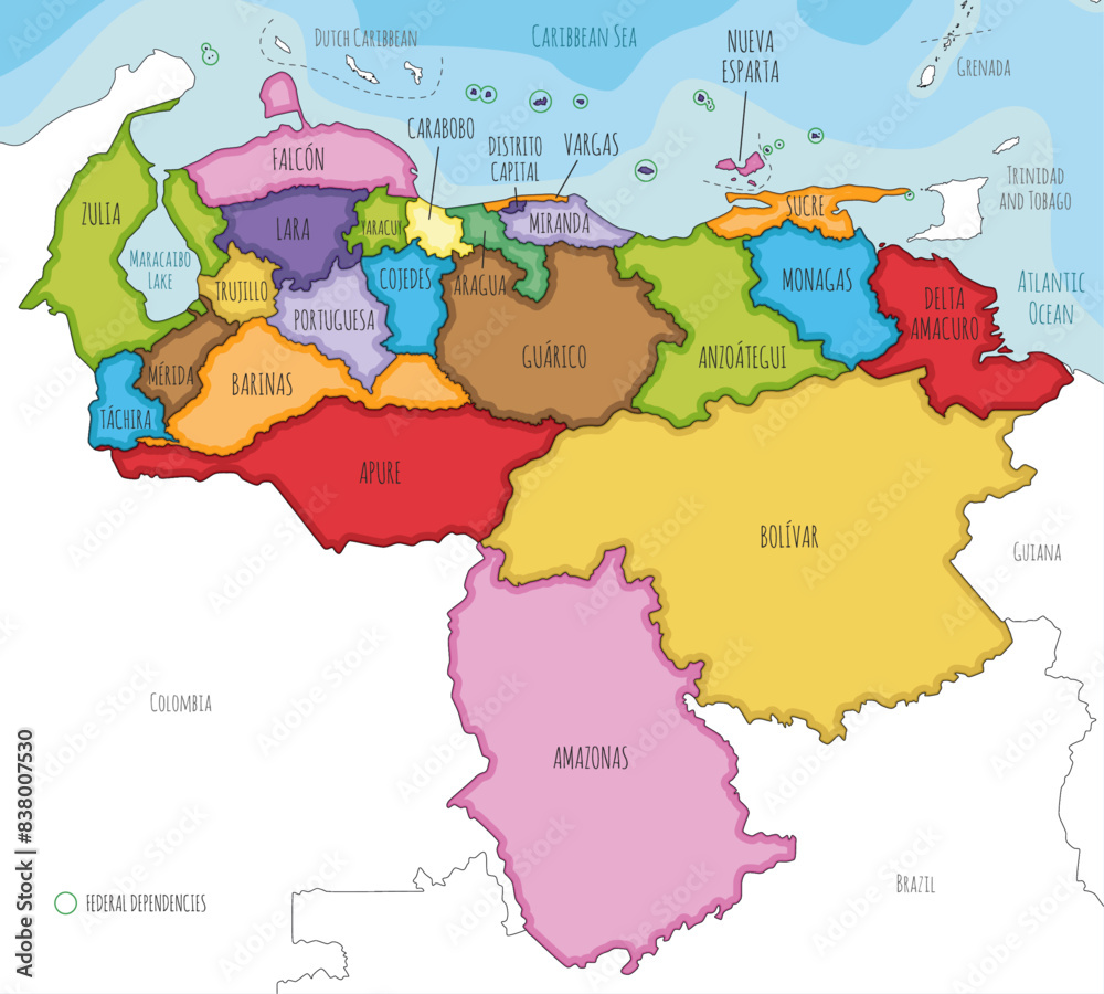 Vector illustrated map of Venezuela with states, capital district ...