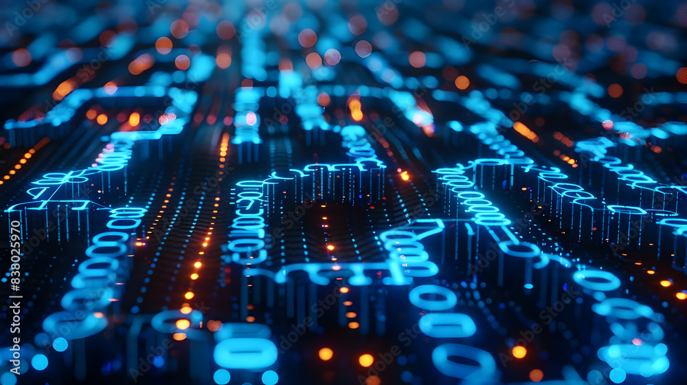 Futuristic digital background featuring glowing blue and orange binary code in a close-up view ...