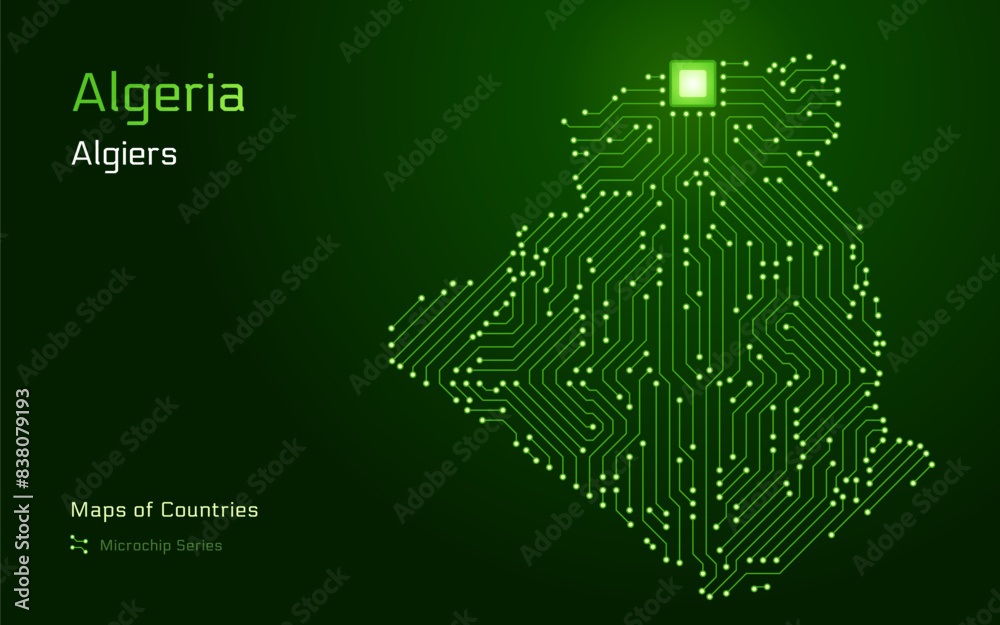 Algeria Map with a capital of Algiers Shown in a Microchip Pattern with ...