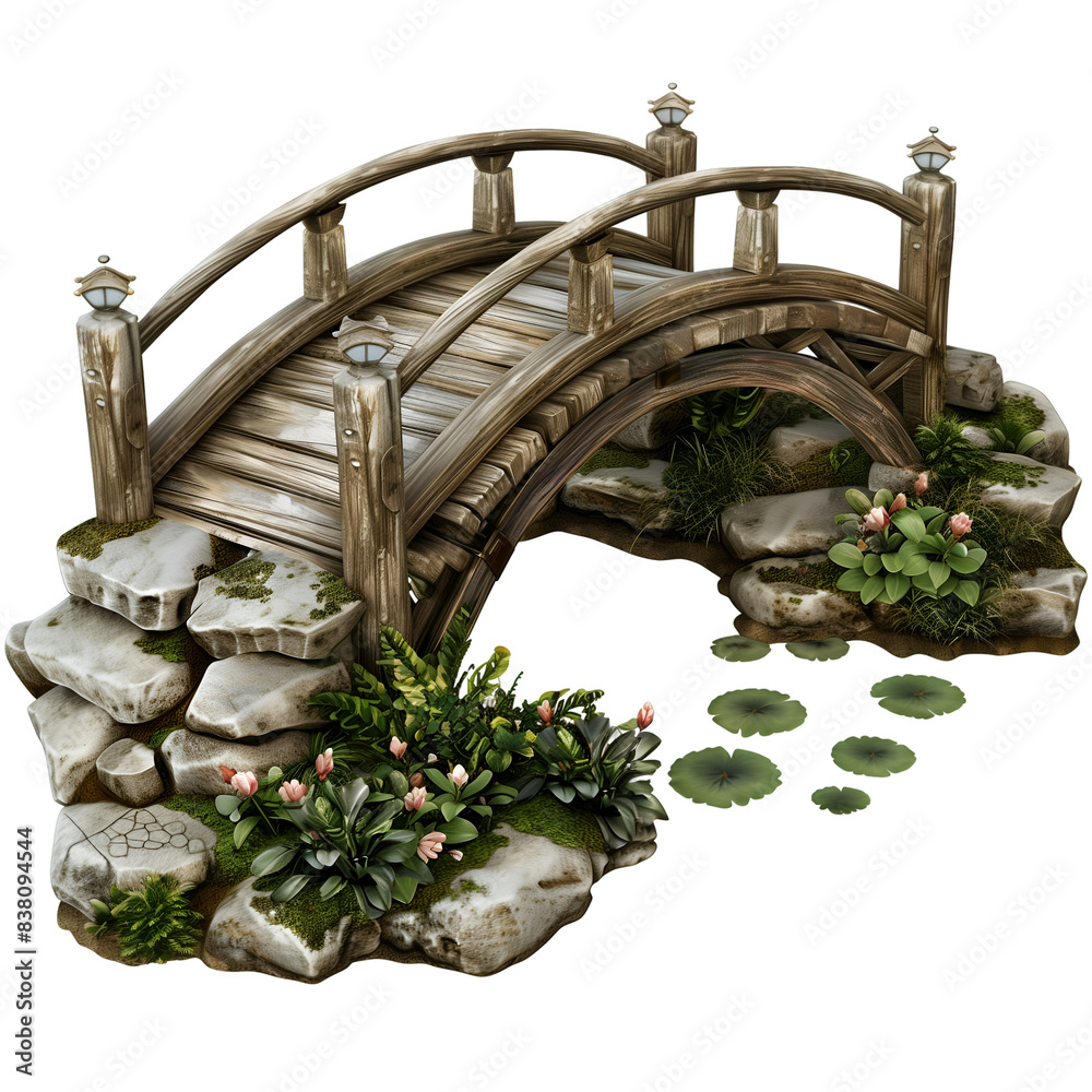 Wooden Garden Bridge With Stone Steps And Lush Greenery, Isolated on a ...