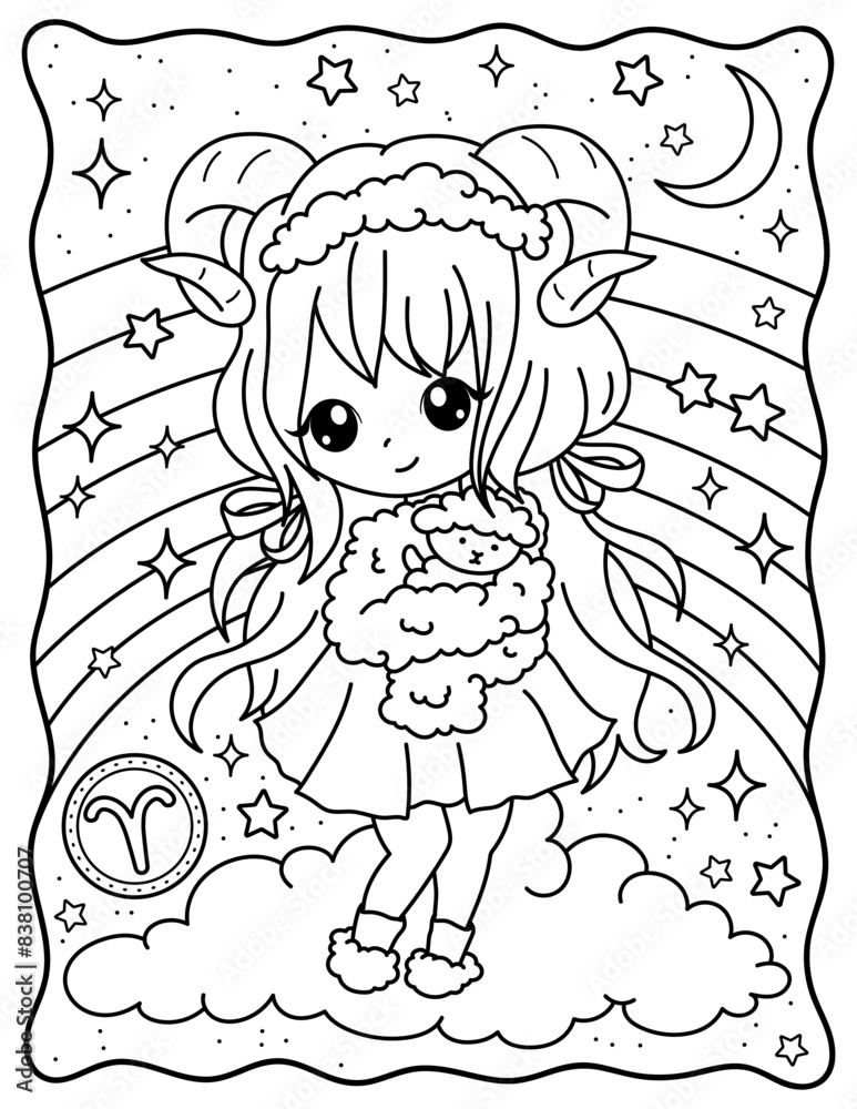 Kawaii girl, aries, zodiac sign, cute lamb, moon and stars. Cute ...