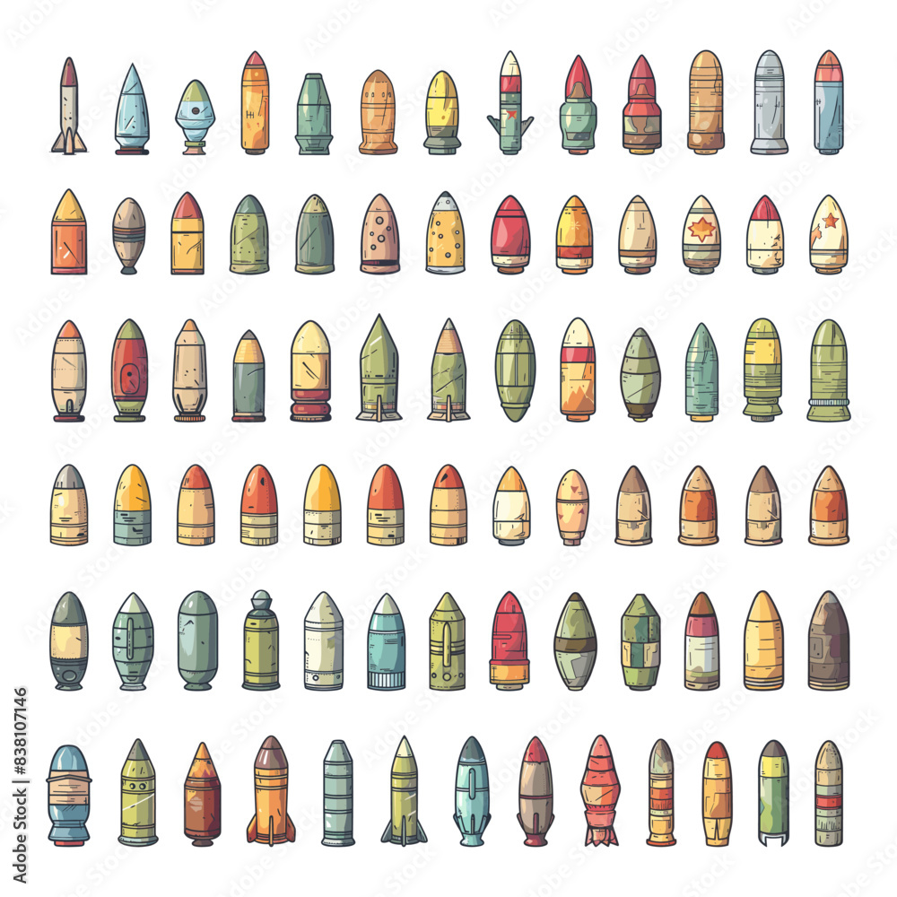 Cartoon Artillery Shells Icons Set. White Background. Simple Cartoon ... Cartoon Artillery Shells Icons Set. White Background. Simple Cartoon ...