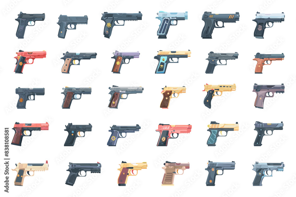 Cartoon different police pistols icon set. White background. Simple ...
