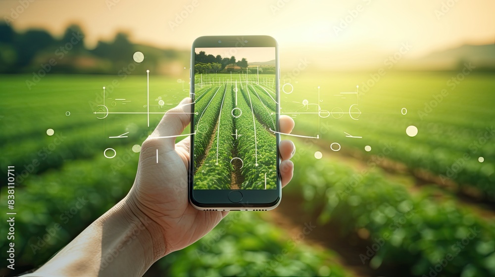 concept of smart farming in agriculture industry, mobile phone with ...