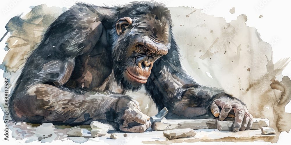 Primate Using Stones as Tools Stock Illustration | Adobe Stock