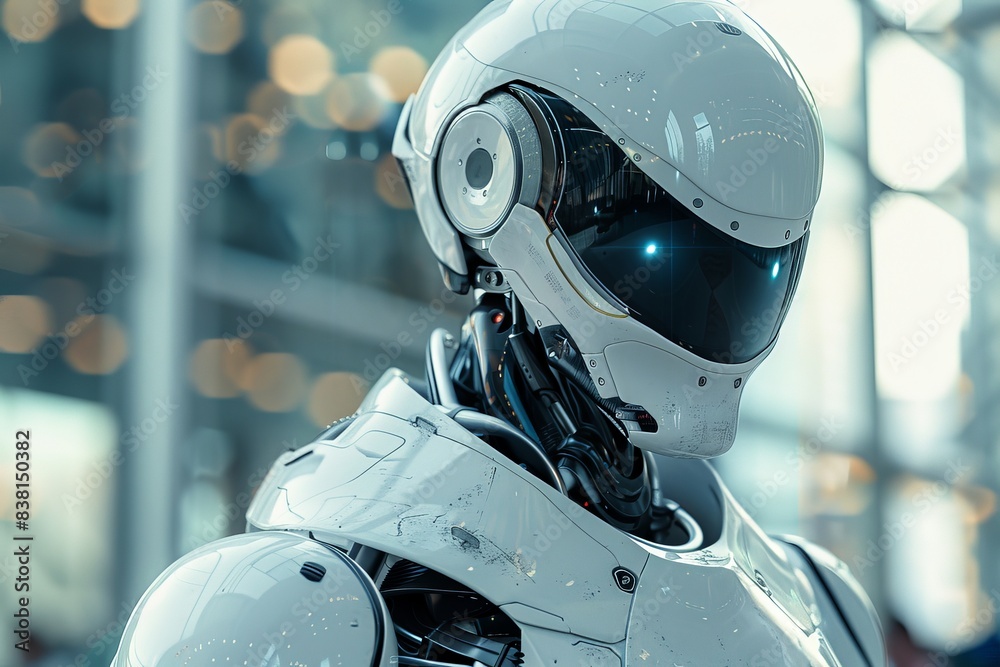 Futuristic humanoid robot with sleek white design, standing in a modern ...