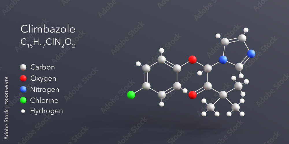 climbazole molecule 3d rendering, flat molecular structure with ...