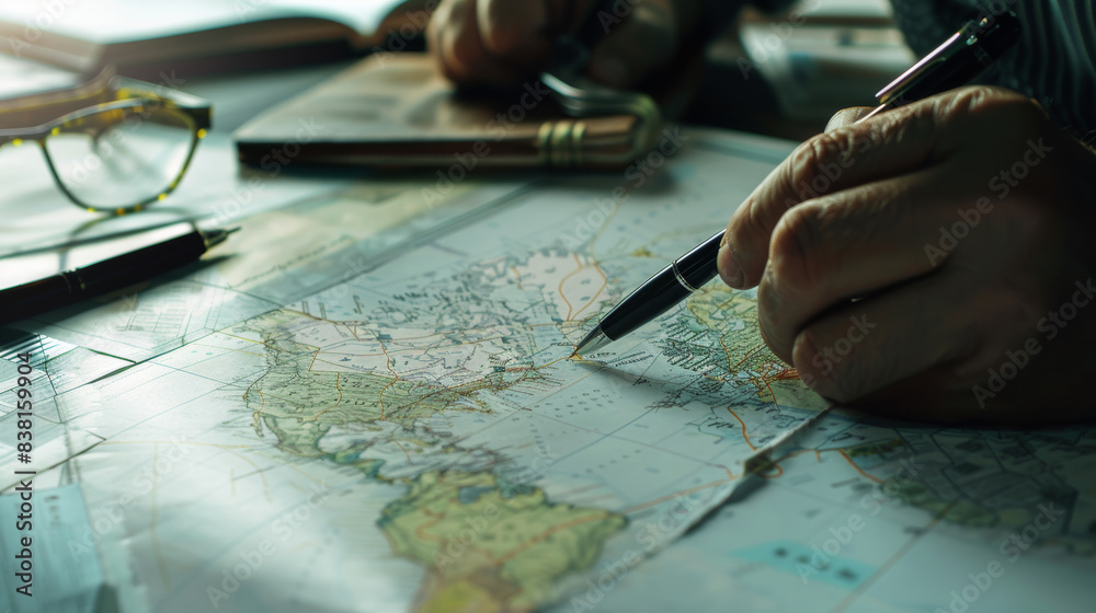 Explorer plots a journey on a map, the tools of adventure spread before ...