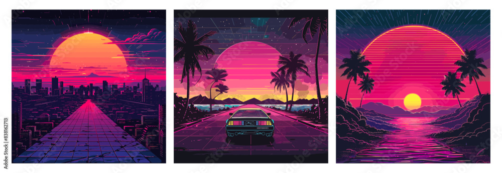 Synthwave posters. Retro futuristic abstract poster, synth wave disko ...