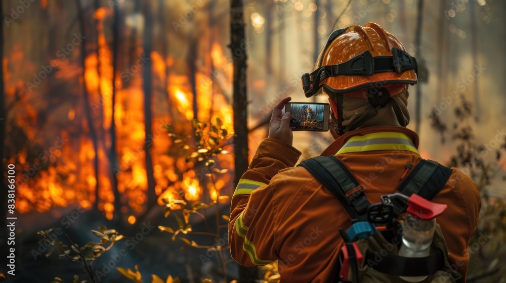 Photograph of a firefighter taking photos of a forest fire with a ...