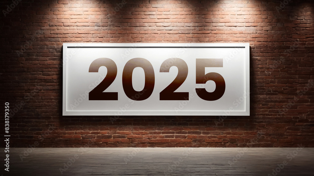 2025. Brick wall with year 2025 on white gallery board with lamp light ...