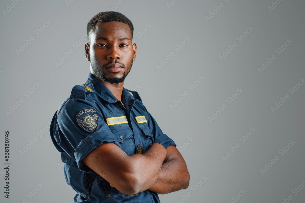 Portrait, guy and security guard with arms crossed representing city ...