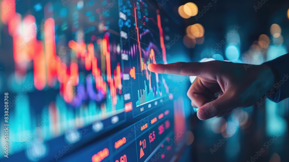 Hand of a financial analyst pointing at an ascending digital chart arrow on a computer screen ...