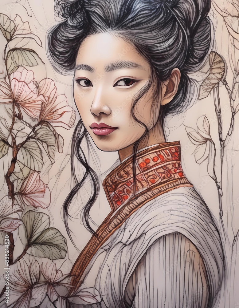 drawings of Chinese models in traditional costume, distinctive face ...