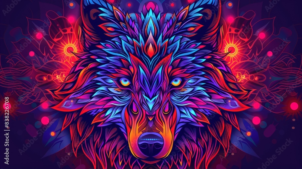 Psychedelic wolf head with symmetrical mandala shapes. Animal Totem ...