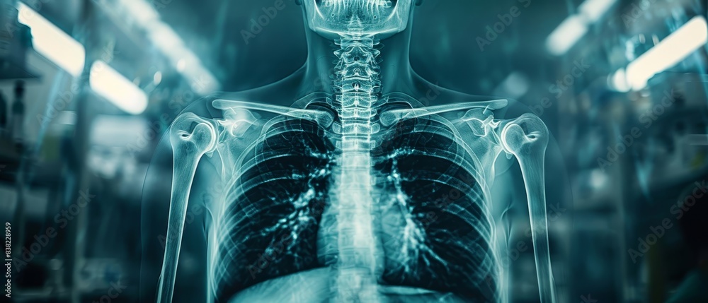 Human chest x-ray showing rib cage and vertebrae with detailed skeletal ...