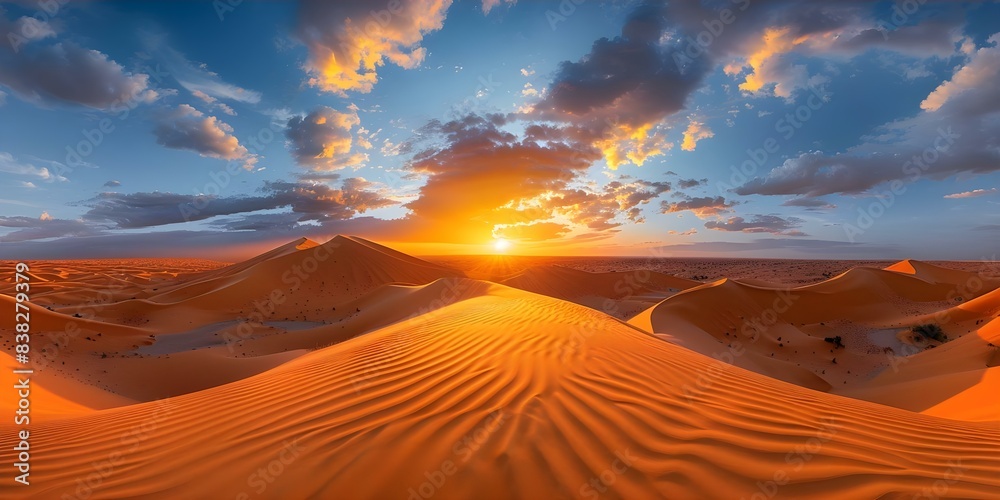 Stunning Sahara Desert panorama at sunset with golden sand dunes. Concept Desert Landscape ...