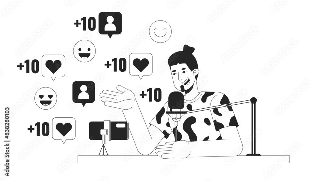 Viral podcaster talking into microphone black and white 2D illustration ...