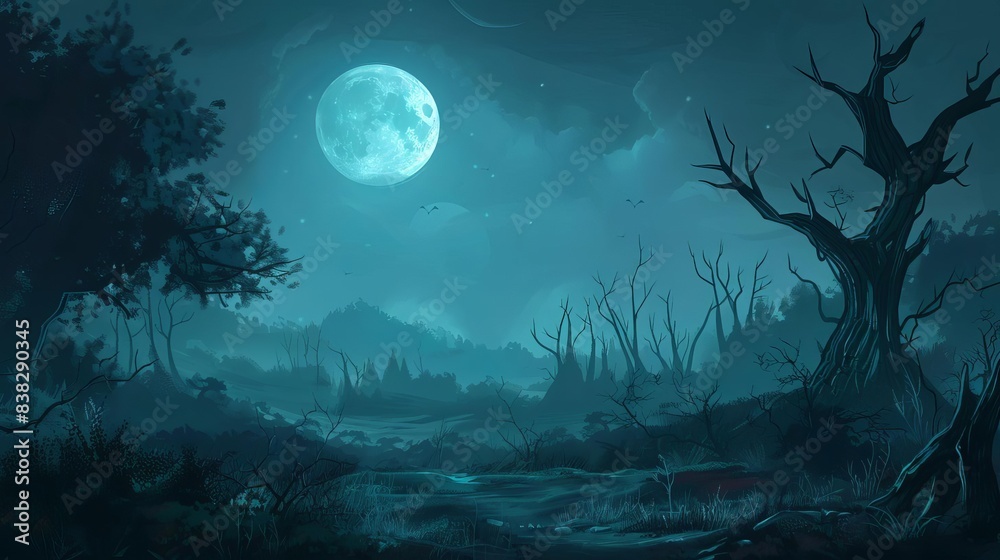 spooky halloween night landscape with eerie forest and full moon dark ...