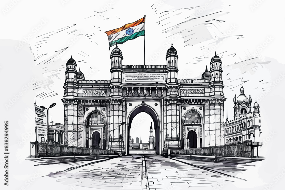 Watercolor splash with hand drawn sketch of Gateway of India Mumbai ...
