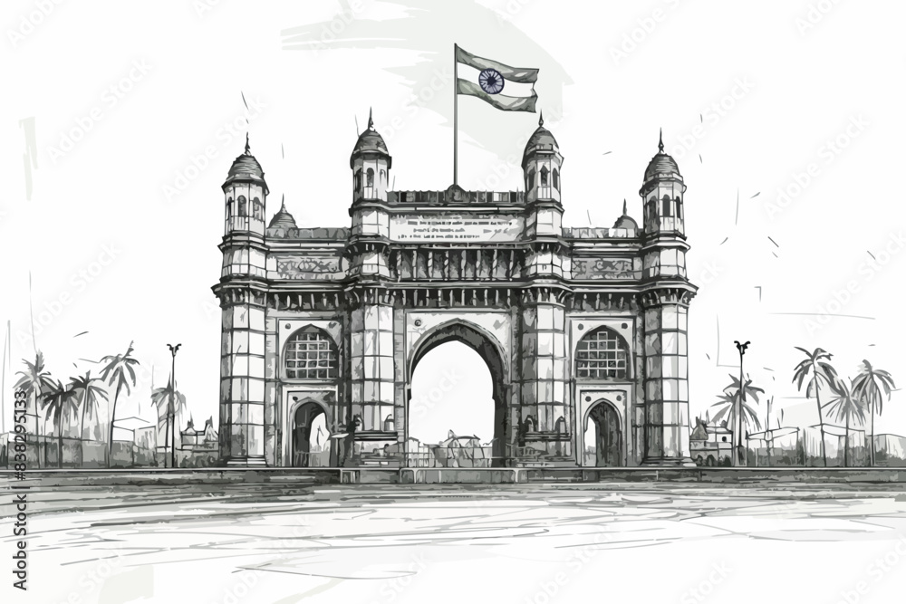 Watercolor splash with hand drawn sketch of Gateway of India Mumbai ...
