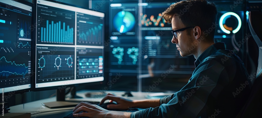 An analyst works on a personal computer. Shows a business intelligence ...